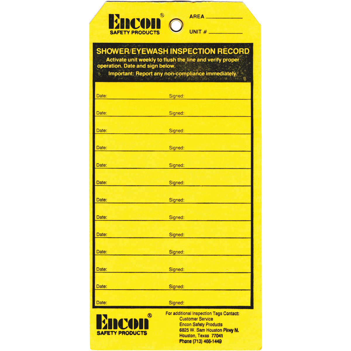 Emergency Shower & Eyewash Inspection Record Tag, Cardstock, 3-1/8" W ...